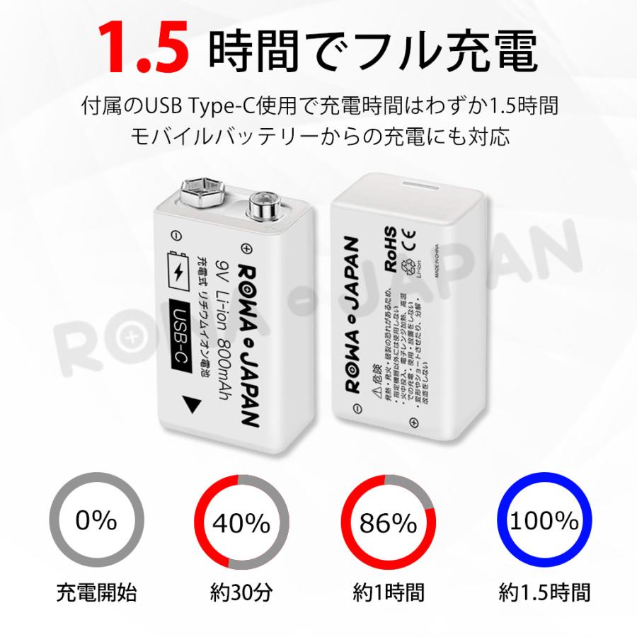 USB-C 9V 充電池 2本入 006P型 6F22 角形 充電式 電池 800mAh リチウムイオン ロワジャパン USBケーブル 電池ケース付き :9V-2P-SET-TC:ロワジャパン ...