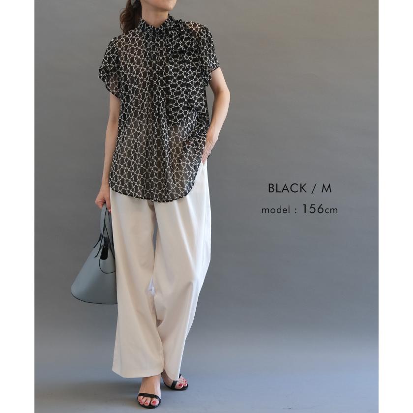 シャツ ブラウス 総柄シアーネックリボンブラウス 春 夏 秋 シャツ ブラウス 総柄シアーネックリボンブラウス 春 夏 秋