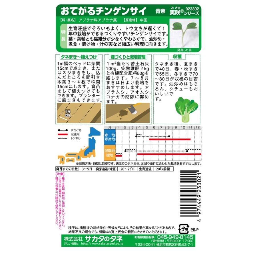 サカタのタネ 実咲野菜3302 おてがるチンゲンサイ 青帝 00923302 : ショップ ルーン - 通販 - Yahoo!ショッピング