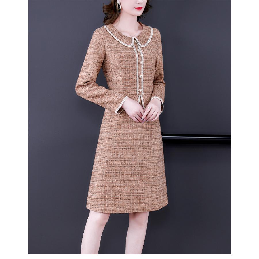 ワンピース ツーピース風 膝丈 ひざ丈 ミディアム丈 袖あり 長袖 ラウンドネック 襟付き 切り替えデザイン ツイード 大人可愛い きれいめ シンプル 大人 上品 :faz00528 ...