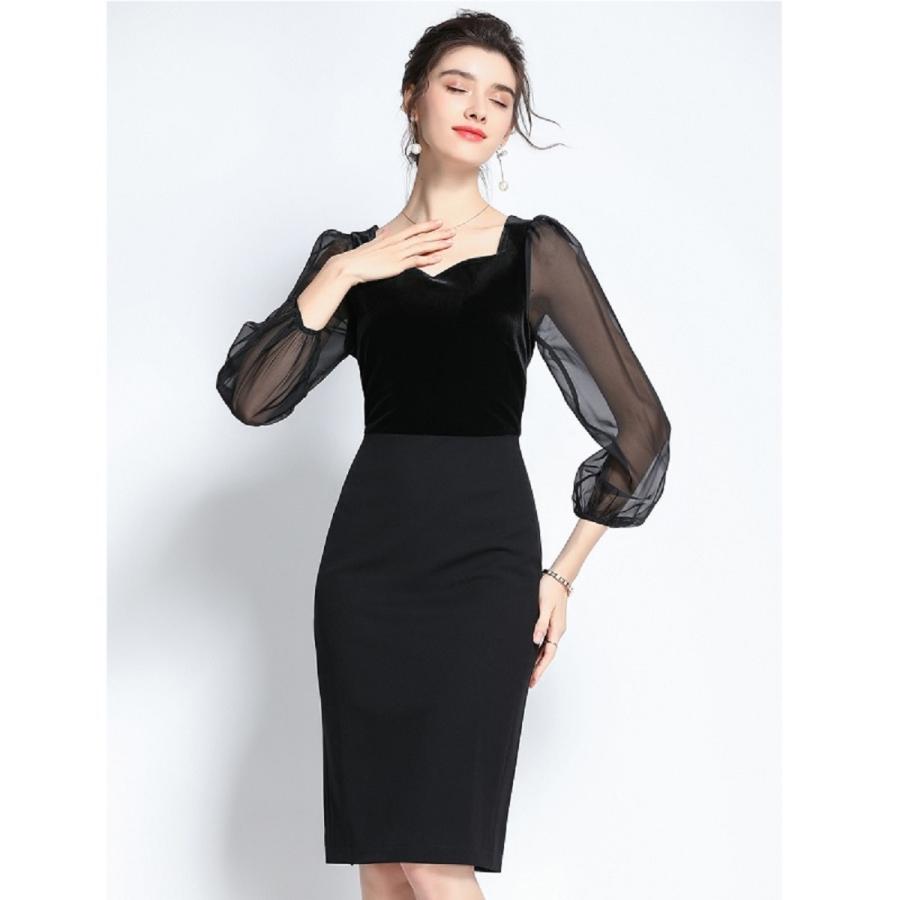 ドレス パーティードレス 膝丈 袖あり 長袖 スレンダーライン タイト ファスナー ハイウエスト 大人可愛い きれいめ シンプル 大人 上品 おしゃれ 大人女子 : faz02107 ...