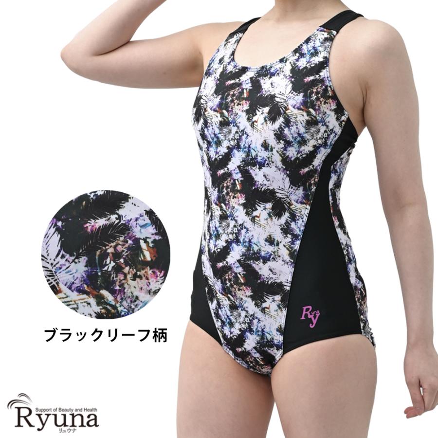 Ryuna フィットネス水着 ジム用水着 レディース 30代 40代 ワンピース ノースリーブ 9M 11L 13L ブラックリーフ柄 50代 60代 体型カバー ママ プール 大きい ...