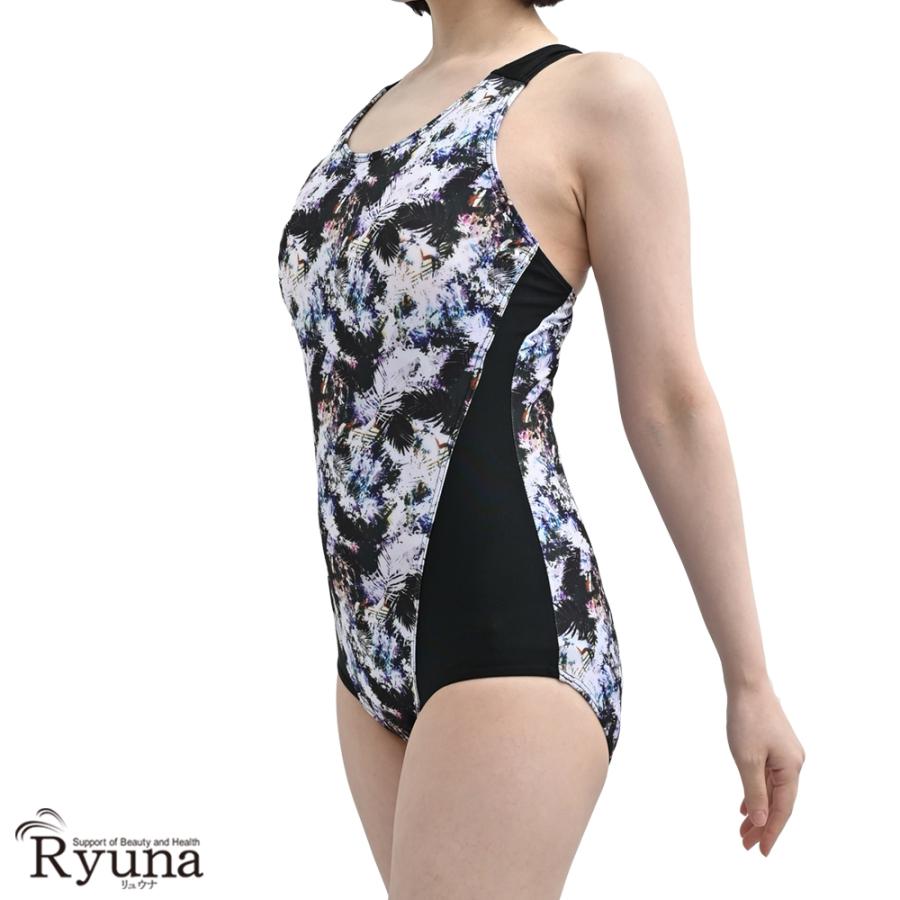 Ryuna フィットネス水着 ジム用水着 レディース 30代 40代 ワンピース ノースリーブ 9M 11L 13L ブラックリーフ柄 50代 60代 体型カバー ママ プール 大きい ...