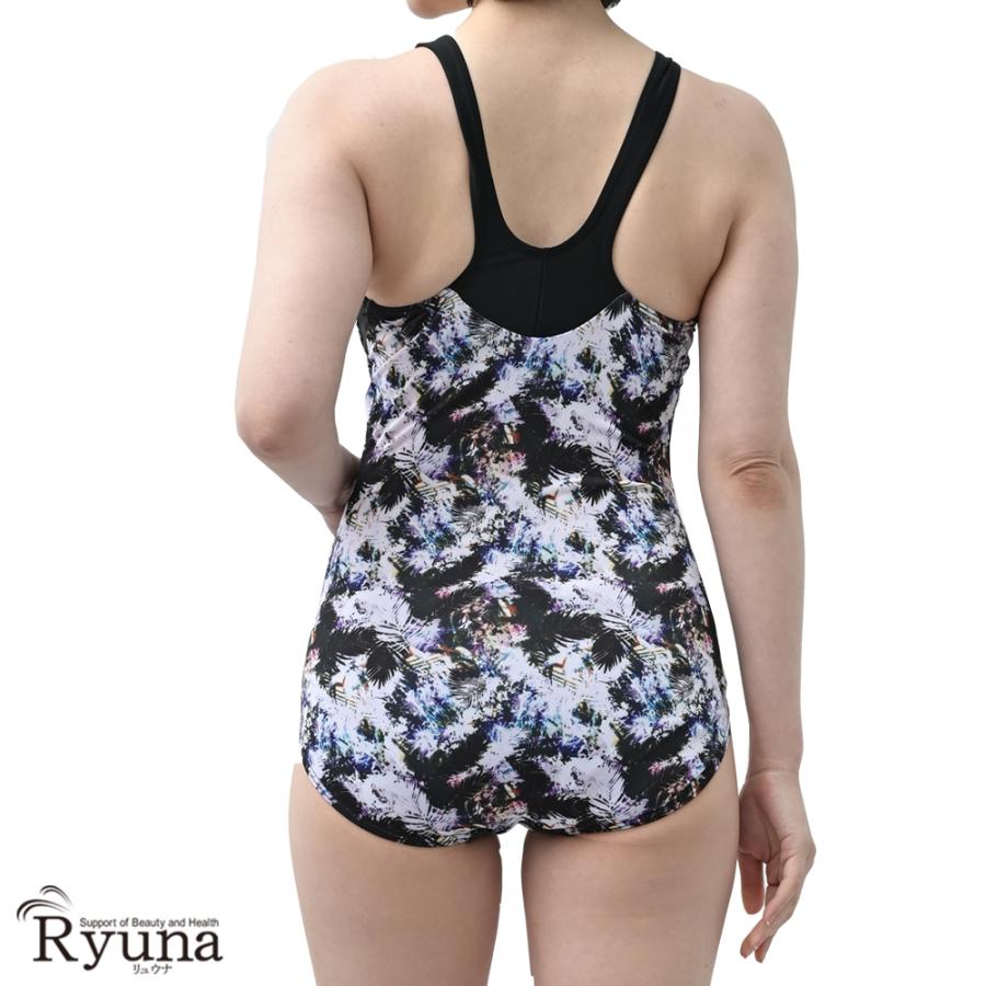 Ryuna フィットネス水着 ジム用水着 レディース 30代 40代 ワンピース ノースリーブ 9M 11L 13L ブラックリーフ柄 50代 60代 体型カバー ママ プール 大きい ...