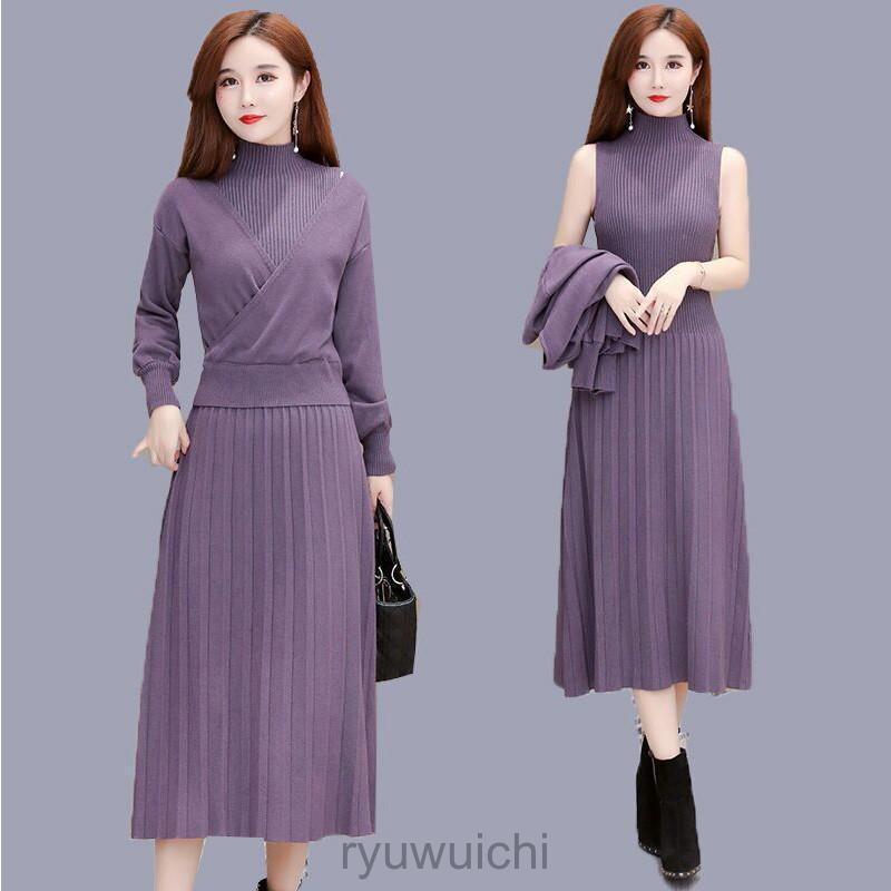 ニットワンピース 2点セット レディース ニット きれいめ ロングワンピース Aライン 長袖 レース 卒業式 入学式 結婚式 通勤 春 秋 ...