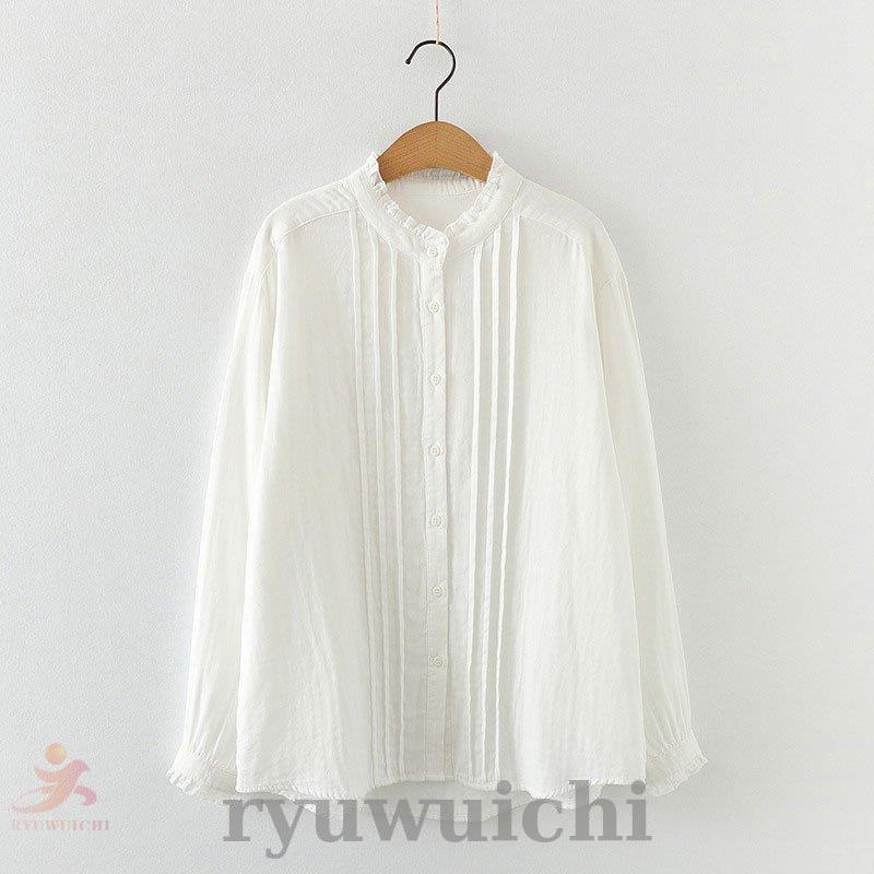 ガーゼシャツ フリル襟 長袖シャツ ガーゼ 春秋 長袖 シャツ 綿 ダブルガーゼ トップス 立ち襟 ボタン留め 前開き カジュアル 可愛い フリル袖口 :fuku-0929-p186:龍一 ...