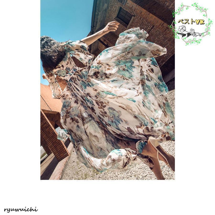 レディース 半袖 ワンピース ロング丈 花柄 シフォン ワンピース