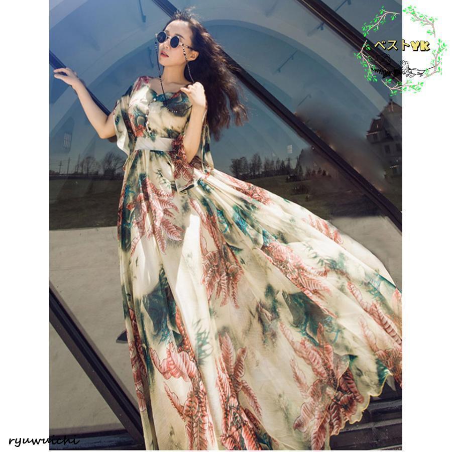 レディース 半袖 ワンピース ロング丈 花柄 シフォン ワンピース