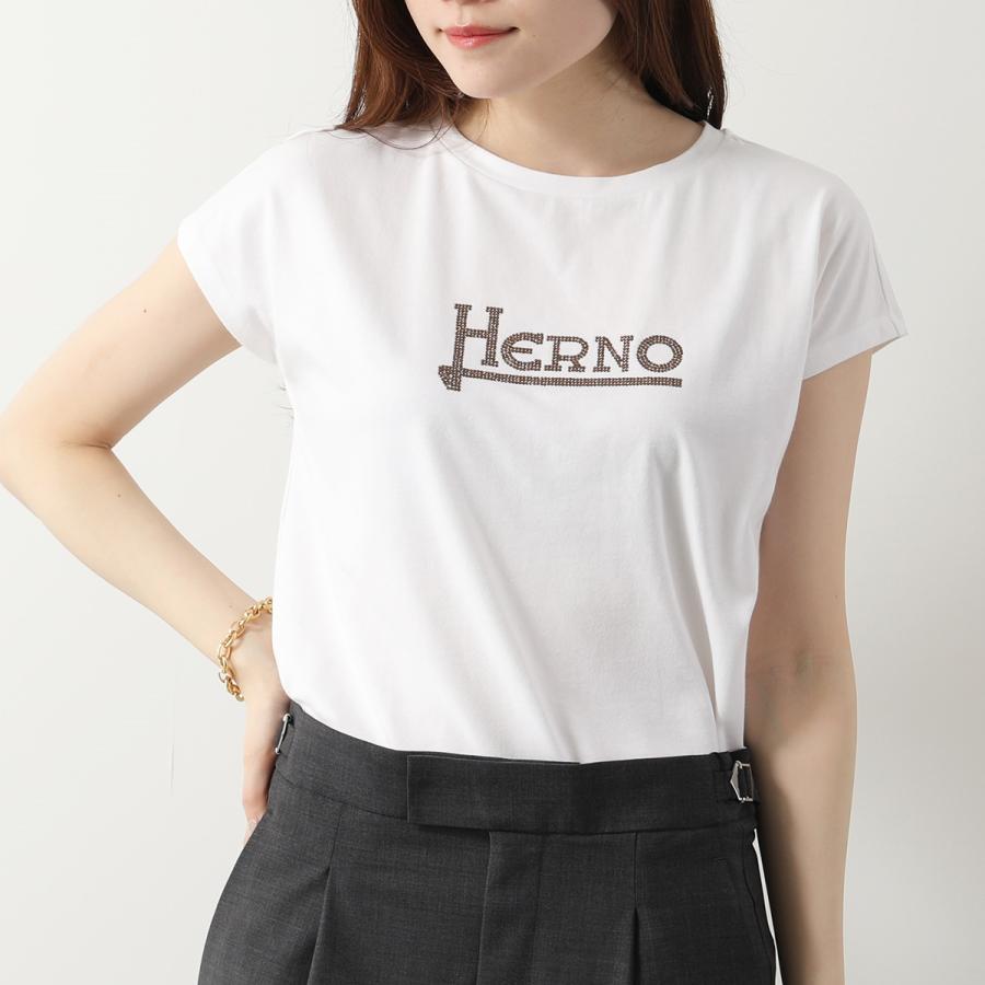 HERNO ヘルノ Tシャツ INTERLOCK JERSEY JG000211D 52009 レディース ラインストーン ロゴ ラウンド ...