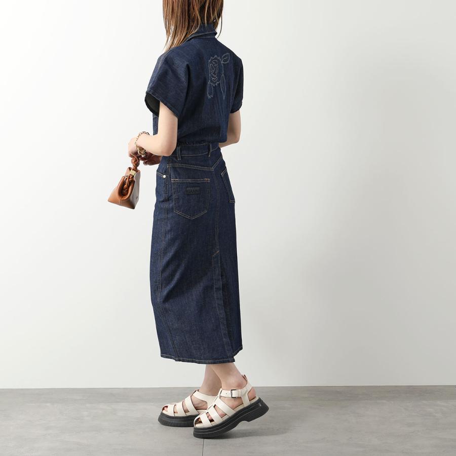 GANNI ガニー ワンピース J1439 6768 レディース 半袖 デニムドレス フラワーステッチ ストレッチ セミロング丈 077 ...