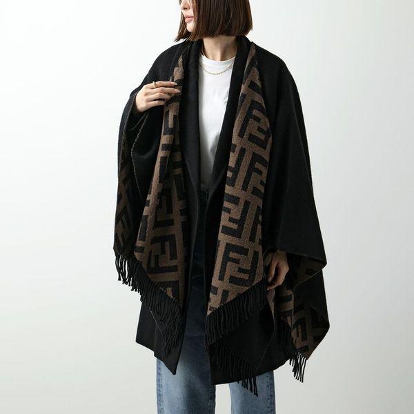 FENDI フェンディ ポンチョ FXX715 AEOW レディース フリンジ ケープ カシミヤ混ウール リバーシブル 無地 FFロゴ ズッカ ...