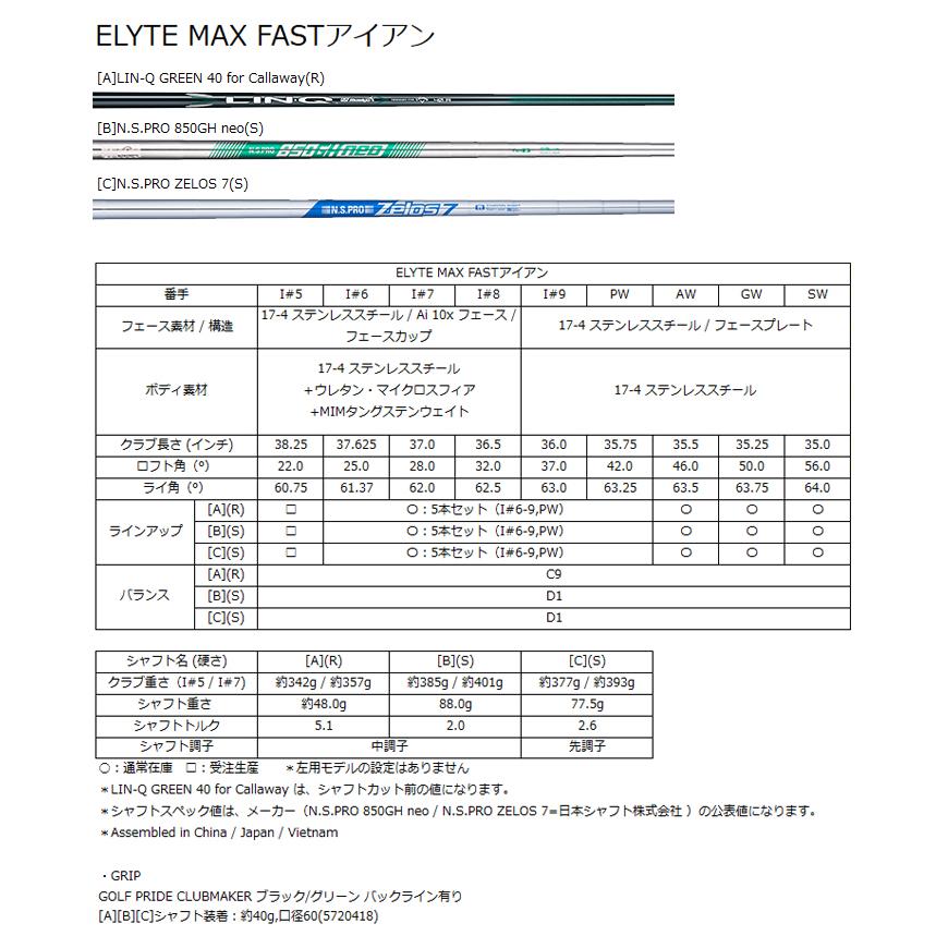 ELYTE キャロウェイ MAX FAST アイアン 5本セット（I#6-9、PW）LIN-Q GREEN 40 for Callaway（R）カーボンシャフト 2025年モデル : スポーツ ...