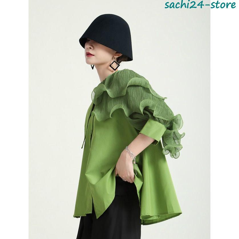 シャツ ブラウス トップス レディース 大きいサイズ 五分袖 無地 大きめ襟 モード クール 透け感 エアリー ホワイト グリーン ブラック 母親 デート おしゃれ ミ : 幸ストア - 通販 ...