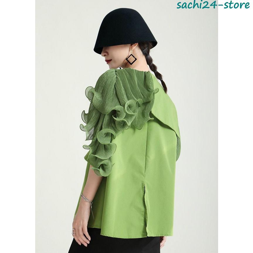 シャツ ブラウス トップス レディース 大きいサイズ 五分袖 無地 大きめ襟 モード クール 透け感 エアリー ホワイト グリーン ブラック 母親 デート おしゃれ ミ : 幸ストア - 通販 ...