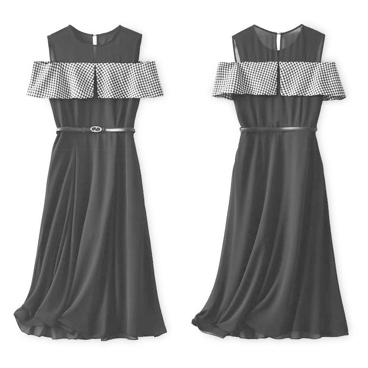 ワンピース チェック柄 ラウンドネック ノースリーブ ウエストマーク