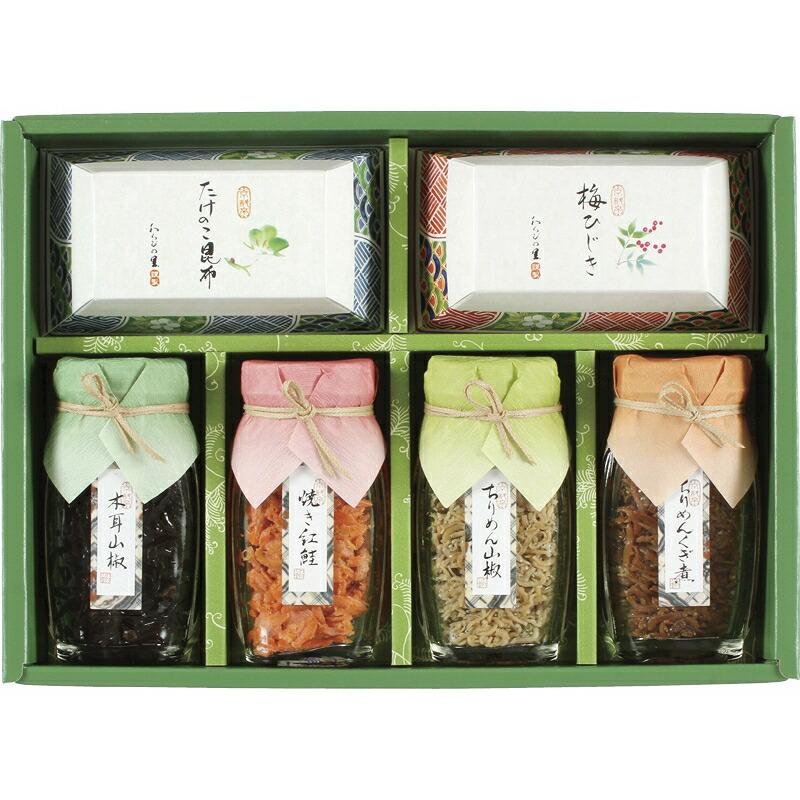 冬の贈り物お歳暮 京楽味 京・料亭 わらびの里 木耳山椒（55g）・たけのこ昆布・梅ひじき（各50g）・ちりめんくぎ煮（45g）・焼き紅鮭（43g : c5204095 : 贈り物本舗じざけや ...