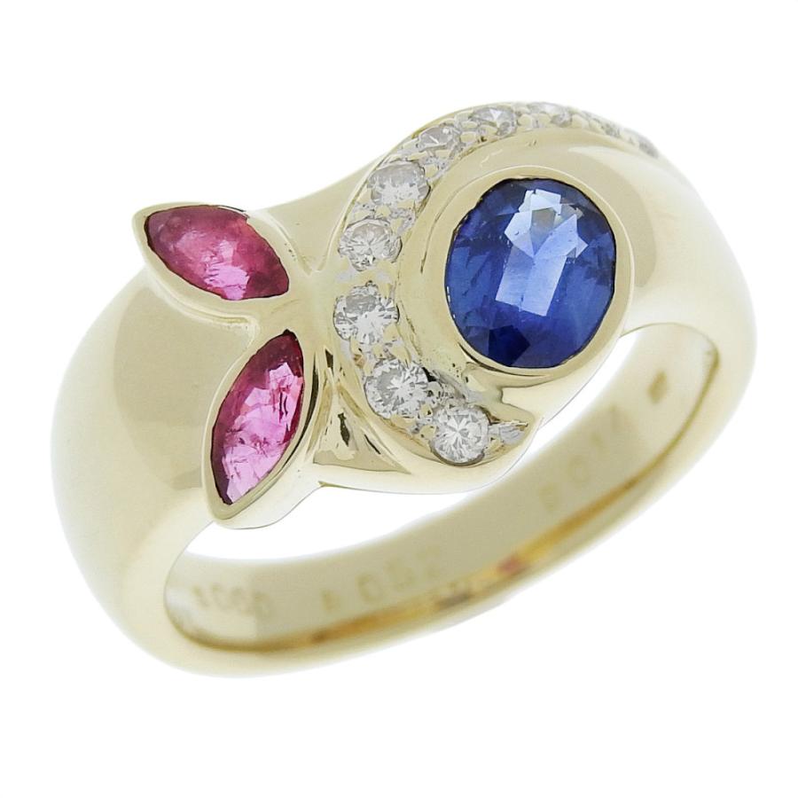 0.60ct 天然サファイア リング 11.5号 K18YG 合計0.52ct 天然ルビー 合計0.17ct 天然ダイヤ 18金 送料無料 ...