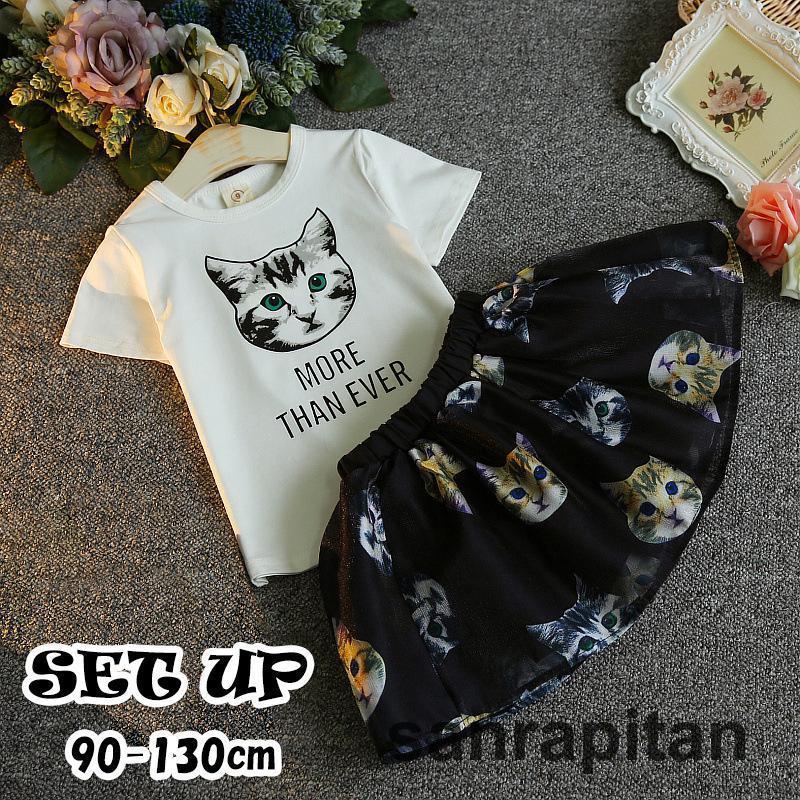 セットアップ 上下セット 2点セット 半袖Tシャツ スカート 子供服 キッズ 女の子 女児 半袖 ラウンドネック プリント ネコ 猫 ねこ ...