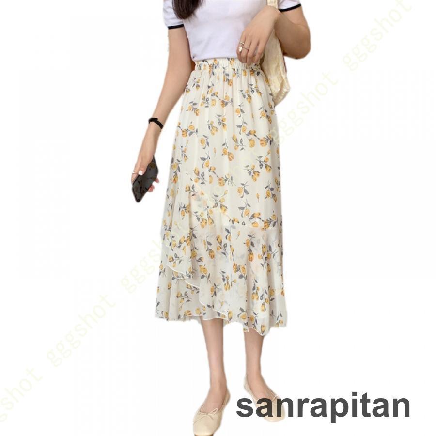 花柄シフォンスカート ロングフレアスカート ウエストゴム パーティ スカート かわいい レディース 女子会 チュールスカート きれい 着痩せ 通勤 ミモレ丈 :qunzi1-31130:サンラ ...