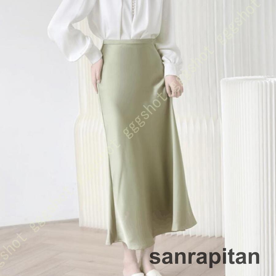 サテン ロングスカート レディース スカート 春夏 無地 ハイウエスト 光沢 ツルツル 柔らかい フェミニン 美ライン フレアスカート ふんわり リラックス : qunzi1-5459 ...