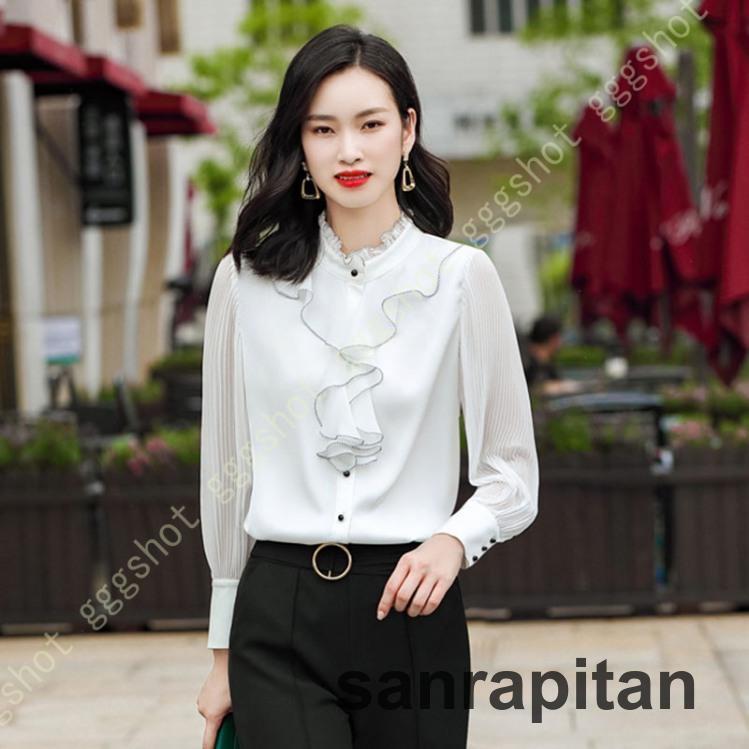 春物 ブラウス 長袖 フリル ゆったり 袖 二の腕カバー フォーマル シャツ トップス 通勤 オフィス OL おしゃれ プルオーバー スリット 立ち襟 シンプル : qunzi1-8388 ...