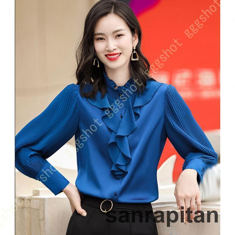 春物 ブラウス 長袖 フリル ゆったり 袖 二の腕カバー フォーマル シャツ トップス 通勤 オフィス OL おしゃれ プルオーバー スリット 立ち襟 シンプル : qunzi1-8388 ...