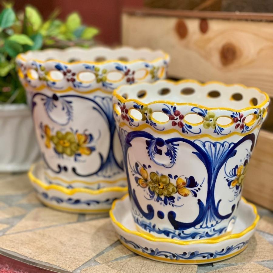 プランター 植木鉢 鉢カバー 受皿セット ポルトガル 手描き 花柄 イエロー 黄色 FAIREAL フェアリアル Sサイズ 陶器 セラミック 観葉植物 直植え可 PFA-594Y : 三和ポ ...