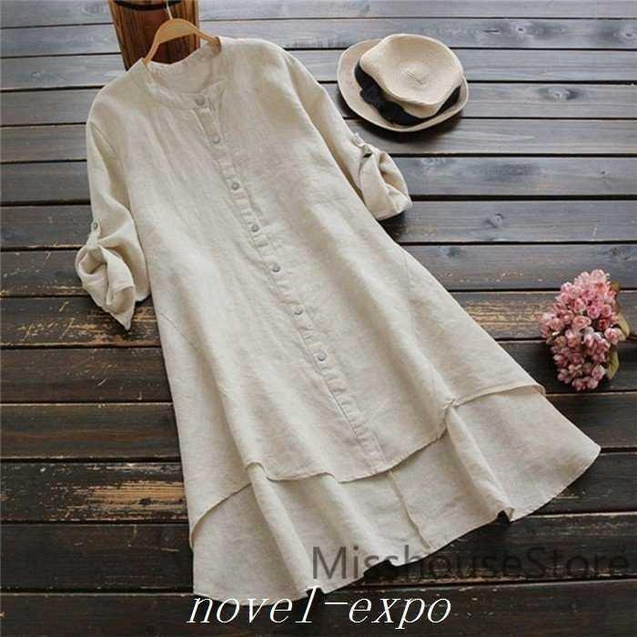 綿麻混ワンピース レディース 30代 40代 夏 春 秋 ス 体型カバー ロングシャツ チュニック ゆったり シャツワンピース 長袖 : 暁 ...