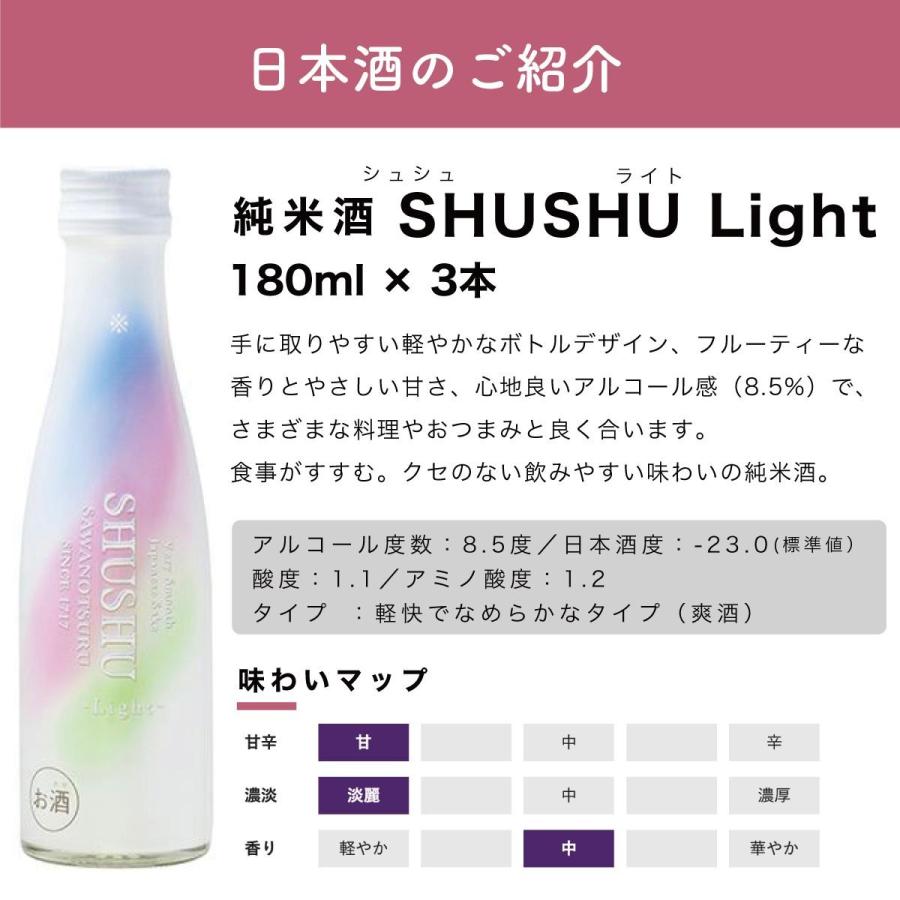 日本酒 純米酒 ギフト心の栄養ドリンク SHUSHU Light (シュシュ・ライト) 純米酒 180ml×3本セット 送料無料 プレゼント ...