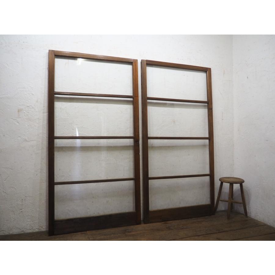 タT0563 (3)【H173,5cm×W90,5(89)cm】×2枚 モールガラス入りの大きい木枠引き戸 建具 波ガラス戸 サッシ 内装 レトロ アンティークM松 ...