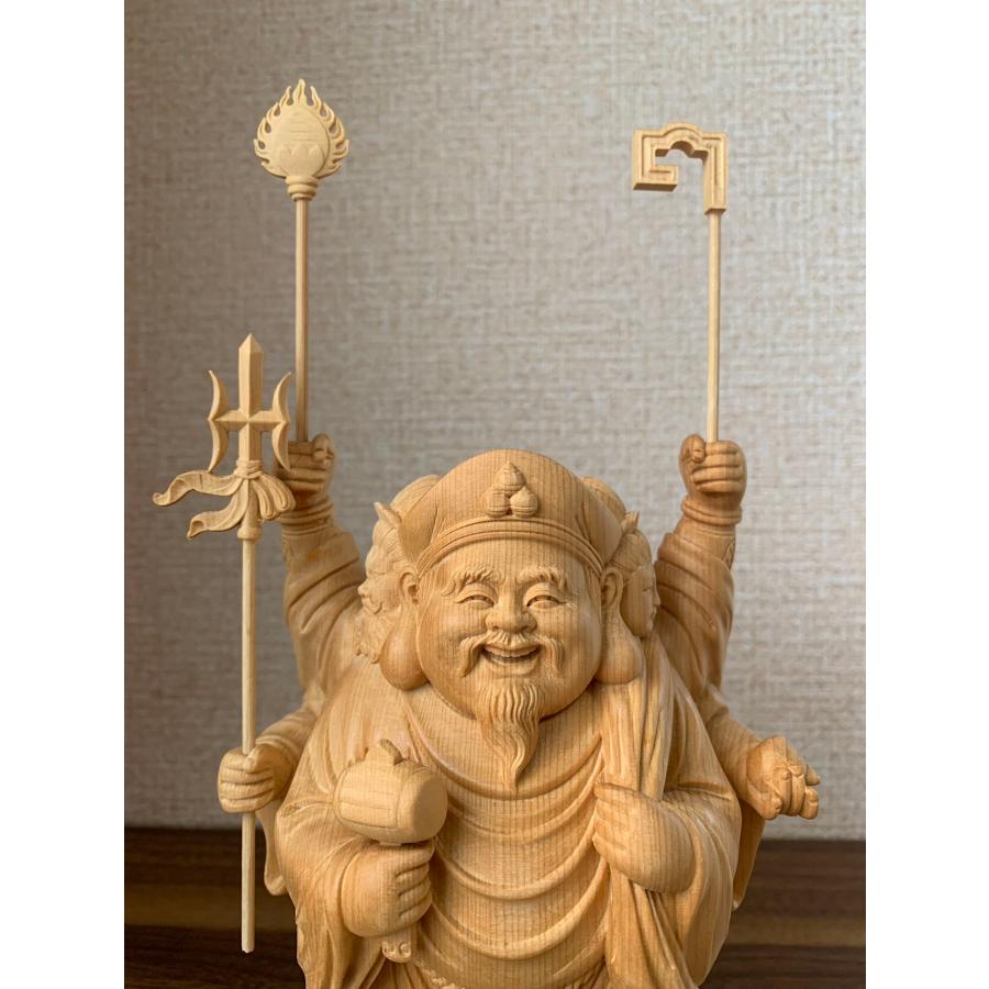仏像 三面六臂大黒天像 三面大黒天像 七福神 商売繁盛 福徳開運 檜木 木彫 仏具 (約)高25cm×幅11cm×奥行10cm ...