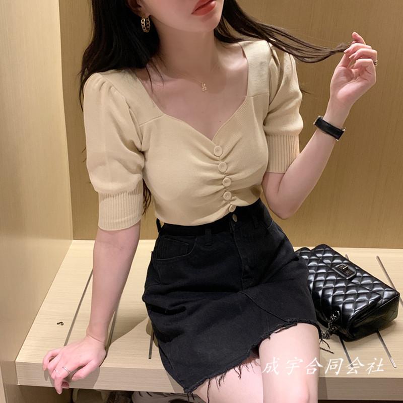 ニット 胸元 Vネック レディース 半袖 タイトフィット トップス