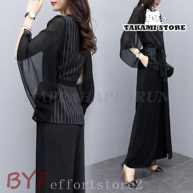 かっこいいパンツドレス袖ありセパレート黒パーティードレス結婚式お呼ばれドレス20代30代40代50代セットアップ大きいサイズウエストマーク :zh230511-a150:セイウンストア ...