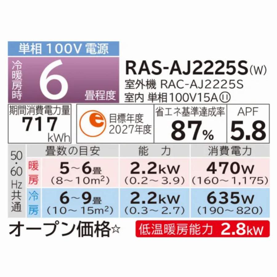RAS-AJ2225S 日立 2025年モデル AJシリーズ 壁掛形 冷暖房：6畳程度 シングル 単相100V ワイヤレス : エアコンマーケット - 通販 - Yahoo!ショッピング