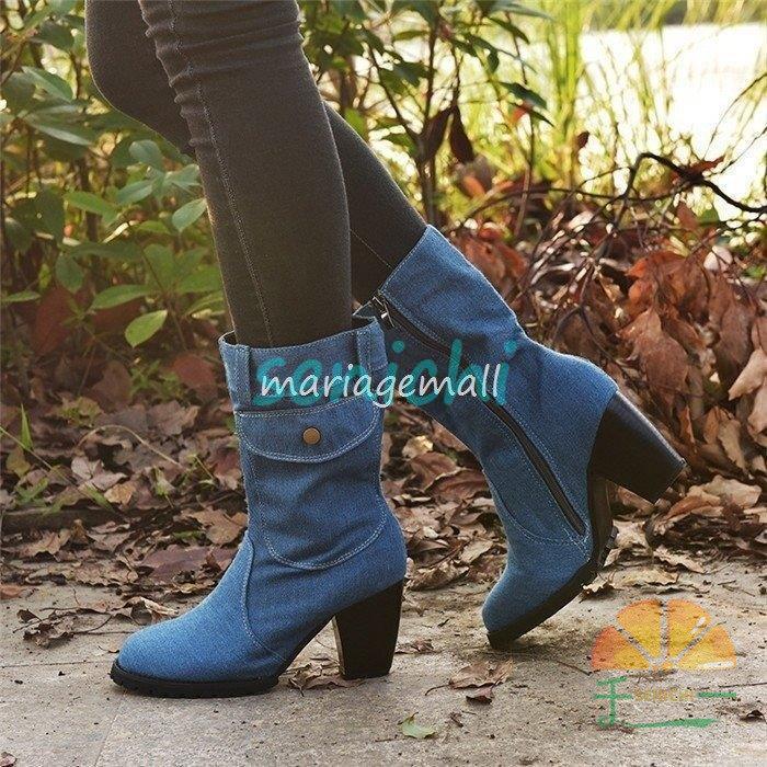 ブーツ レディース ミドルブーツ シンプル ミドル デニム 黒 ショート