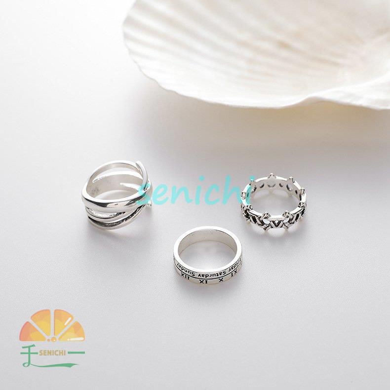 指輪 3Pセット リング レディース アクセサリー ジュエリー ごつめ 英数字 曜日 クロス 太め 鎖 2連風 サイズ調整可能 シルバーカラー ギフト :sic0816-ring1108:千一 ...