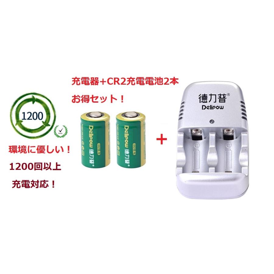 DELIPOW CR2 3V 800mAh リチウム 充電電池と充電器セット 高品質 15270電池三ヶ月安心保証付き（電池2本、充電器1個）「800-0127+800-0128-02 ...