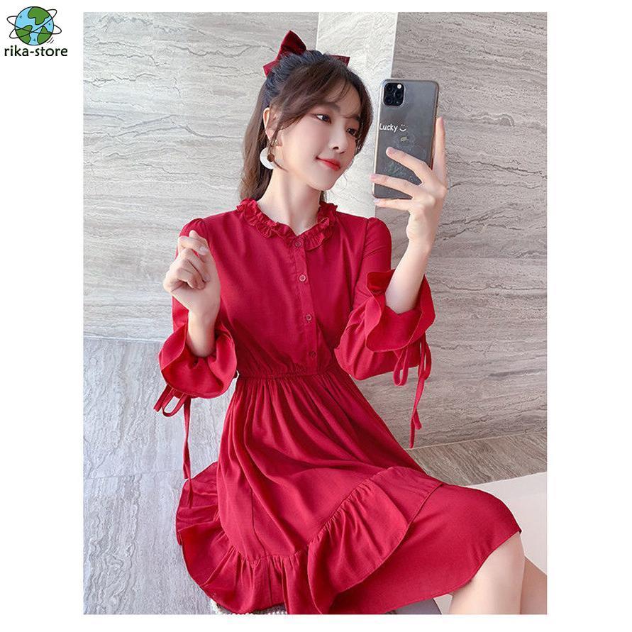 ワンピース レディース ワイン赤 ロングワンピース パフスリーブ 可愛い ワインレッド ミモレ丈ワンピース 赤 無地 Aラインワンピース Vネック : ml0508-xia645 : リカ ...