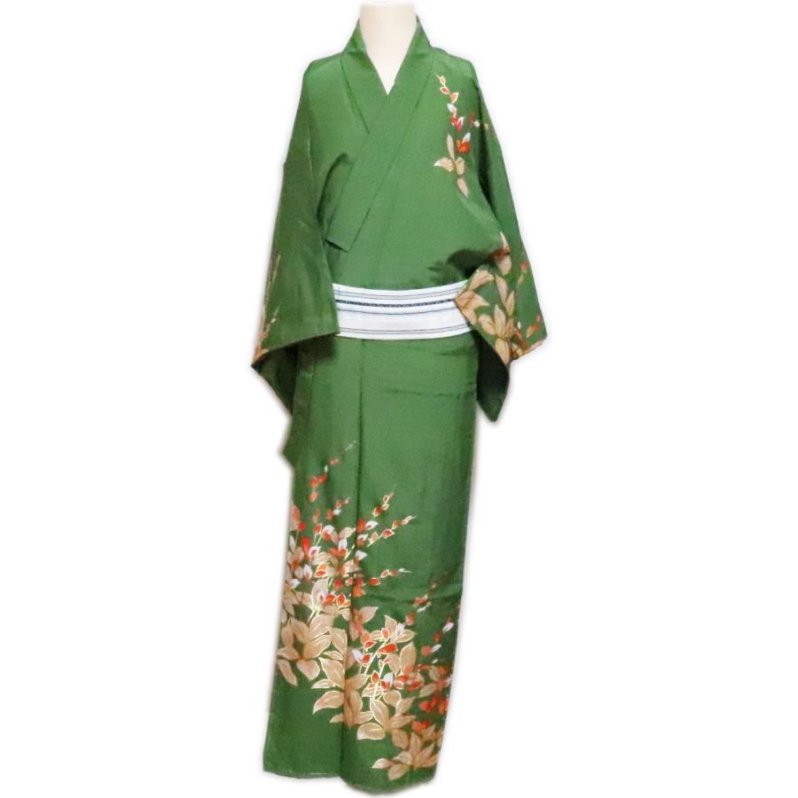 仕立上　男物 絵羽　附下“胴抜仕立”≪緑地　箔押葉柄≫八掛仕立 八掛茶「舞台衣装・ステージ衣装」着物　踊り着物 踊り用 仕立上 男物 絵羽 附下“胴抜仕立”≪緑地 箔押葉柄≫八掛仕立 八掛茶