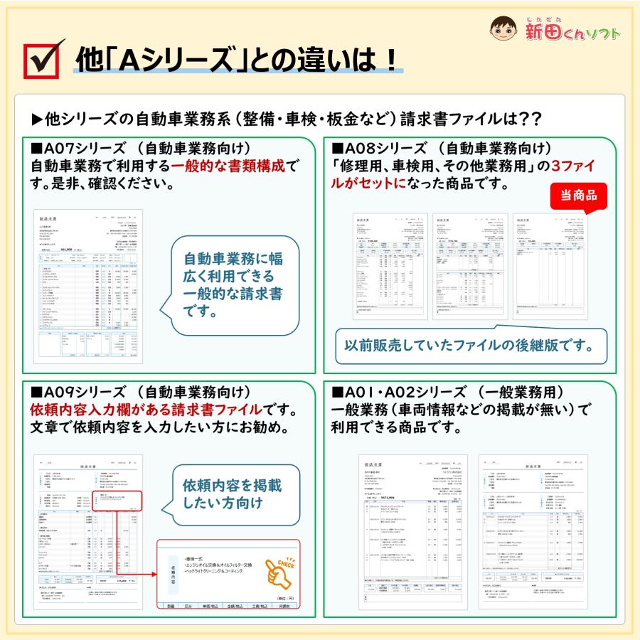 A08‐a2 請求書作成ファイル・日付欄（3ファイルセット：修理用・車検用・その他業務）Excel エクセル インボイス 新田くん : soft-a08-a2 : 新田くんストア - 通販 ...