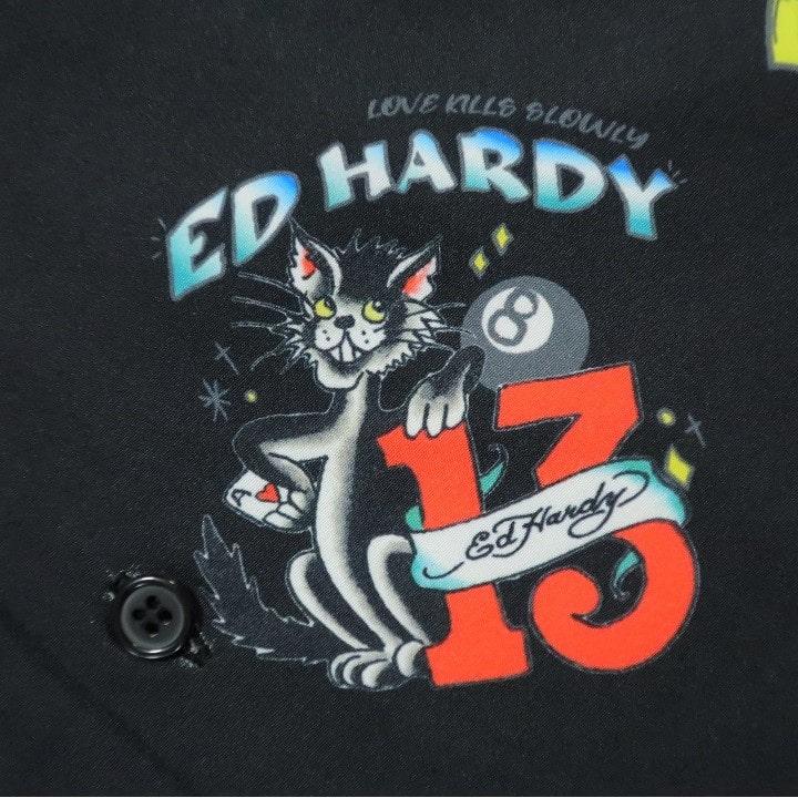 Ed Hardy エドハーディー ED HARDY ボーリングシャツ スカル/ドクロ 総柄 ストレッチ オープンシャツ オーバーサイズ メンズ ...
