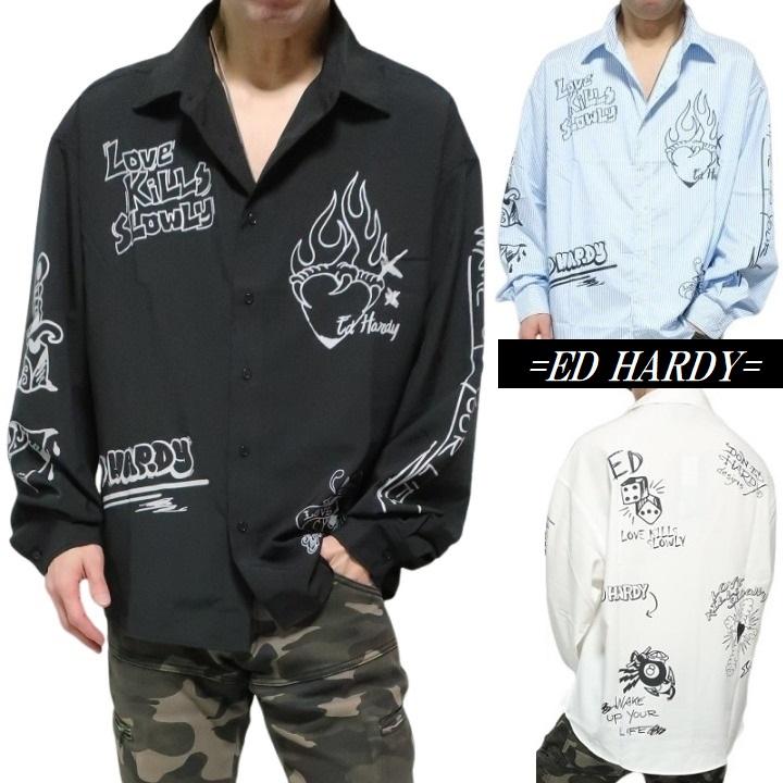 Ed Hardy エドハーディー ed hardy シャツ 長袖 スカル/ラブキル ロゴ/総柄/プリント メンズ レディース オーバーサイズ ...