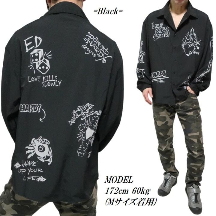Ed Hardy エドハーディー ed hardy シャツ 長袖 スカル/ラブキル ロゴ/総柄/プリント メンズ レディース オーバーサイズ ...