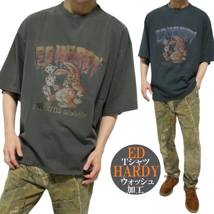 Ed Hardy エドハーディー ed hardy Tシャツ 半袖 ラビット/ウサギ/兎 メンズ レディース tシャツ オーバーサイズ ...
