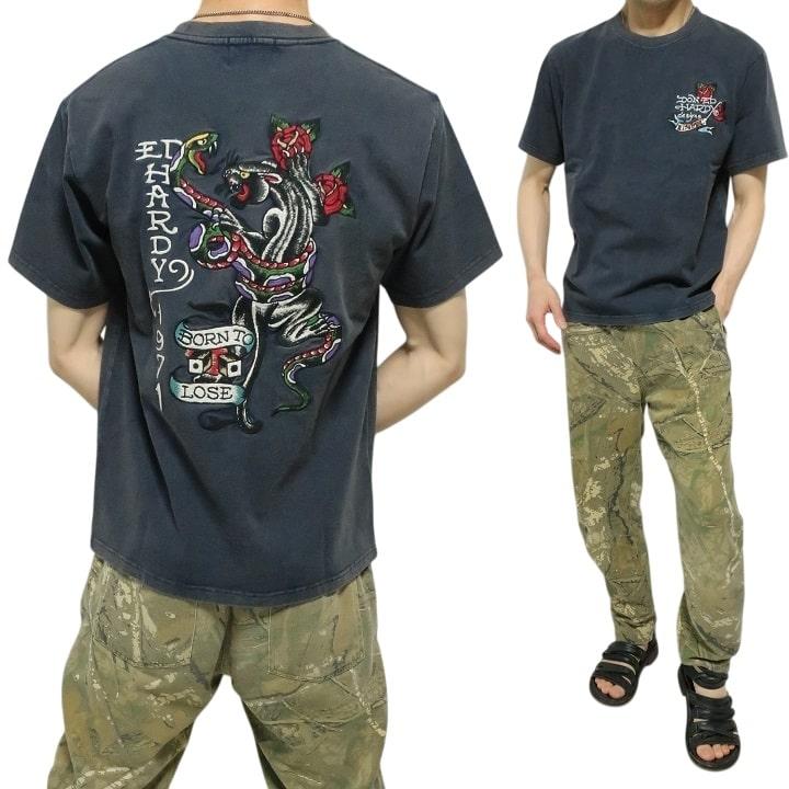 Ed Hardy エドハーディー Tシャツ ED HARDY パンサー/スネーク/蛇/薔薇/メンズ 半袖 フロスト加工 ヴィンテージ EDH ...