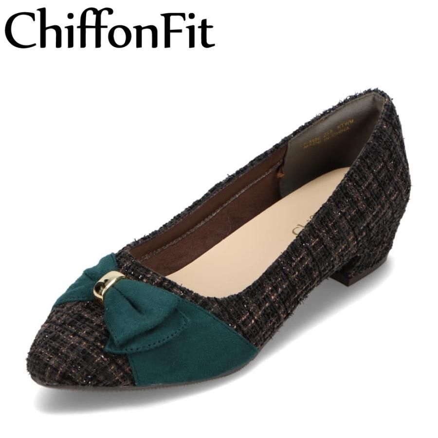 ChiffonFit シフォンフィット CF-5106 レディース アーモンドトゥ ローヒールパンプス ゴールド リボン ツイード ネイビー ...