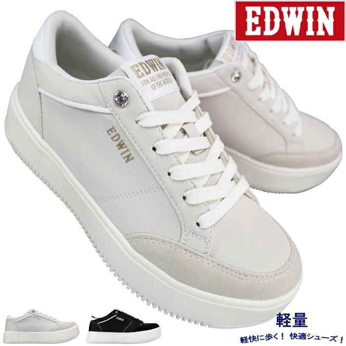 EDWIN 厚底スニーカー エドウィン EDW4325 アイボリー ブラック 23cm〜24.5cm キッズ ジュニア レディース 女の子 シューズ ローカットスニーカー 紐靴 通学靴 通勤靴 ...