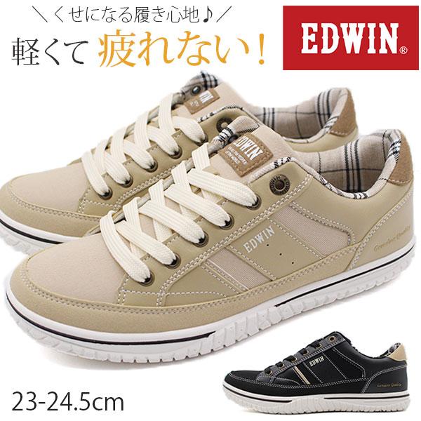 EDWIN エドウィン スニーカー レディース 靴 ブラック 黒 ベージュ ローカット 軽量 軽い 疲れない クッション おしゃれ チェック柄 ...