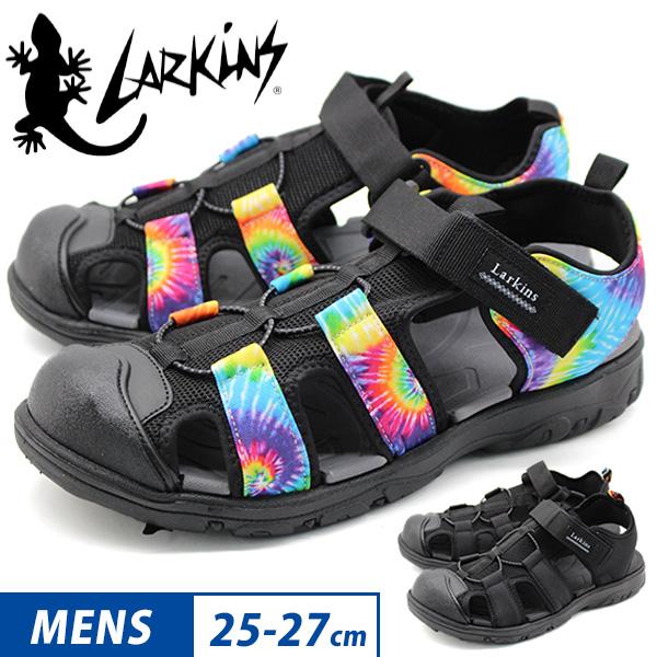 LARKINS サンダル メンズ 靴 黒 ブラック レインボー 虹色 スポーツサンダル ベルトテープ マジックテープ 軽量 軽い 屈曲性 疲れにくい ラーキンス L-6514 : シューズ ...