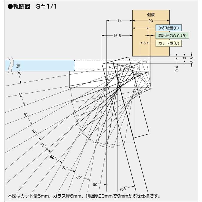 ワンタッチスライド丁番 ガラス扉用 G230-32/19T 105°開き/19mmかぶせ/カップ径φ35/キャッチなし スガツネ ランプ ...